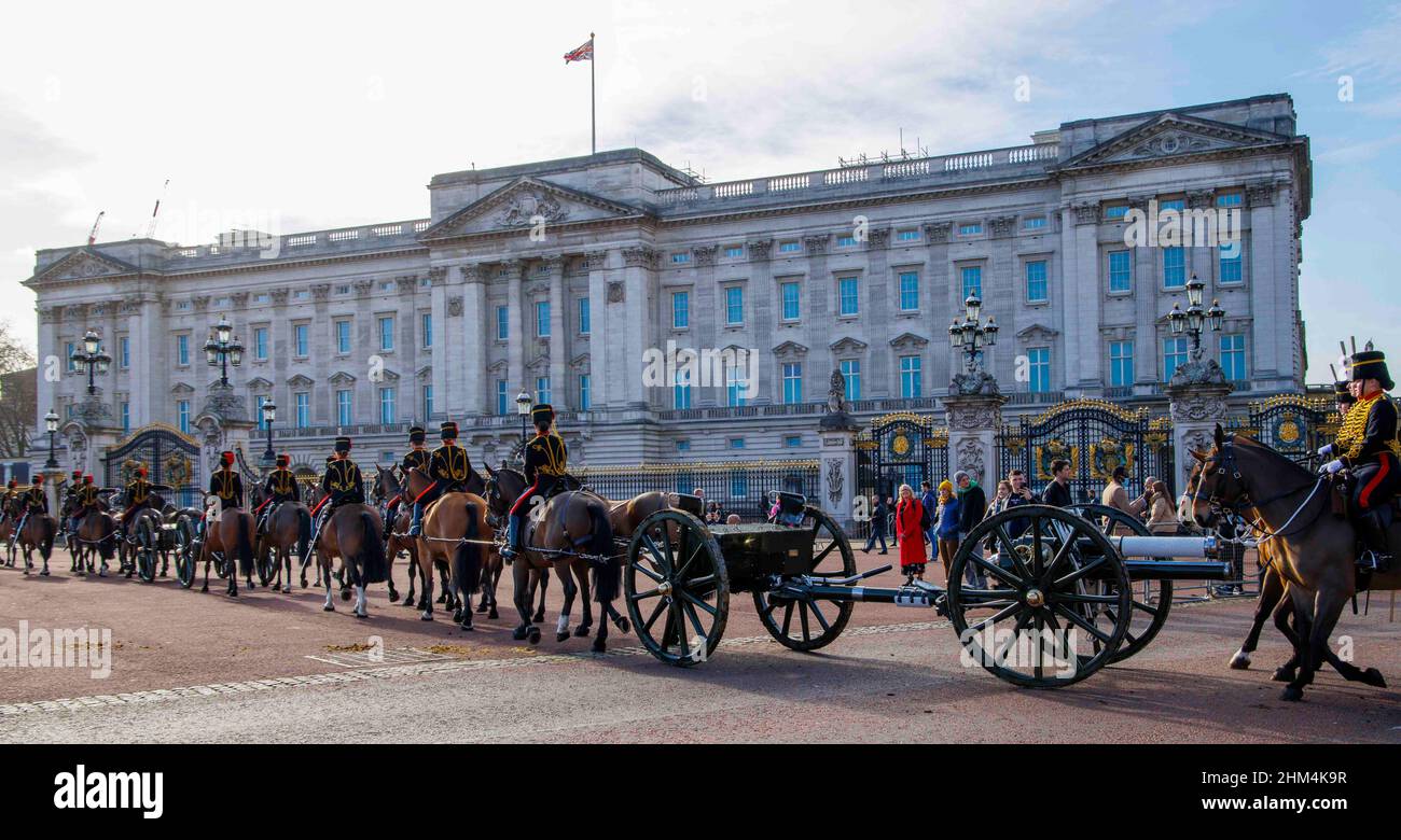 London, UK. 7th Feb, 2022. The Kings Troop fire a 41 Gun salute in ...