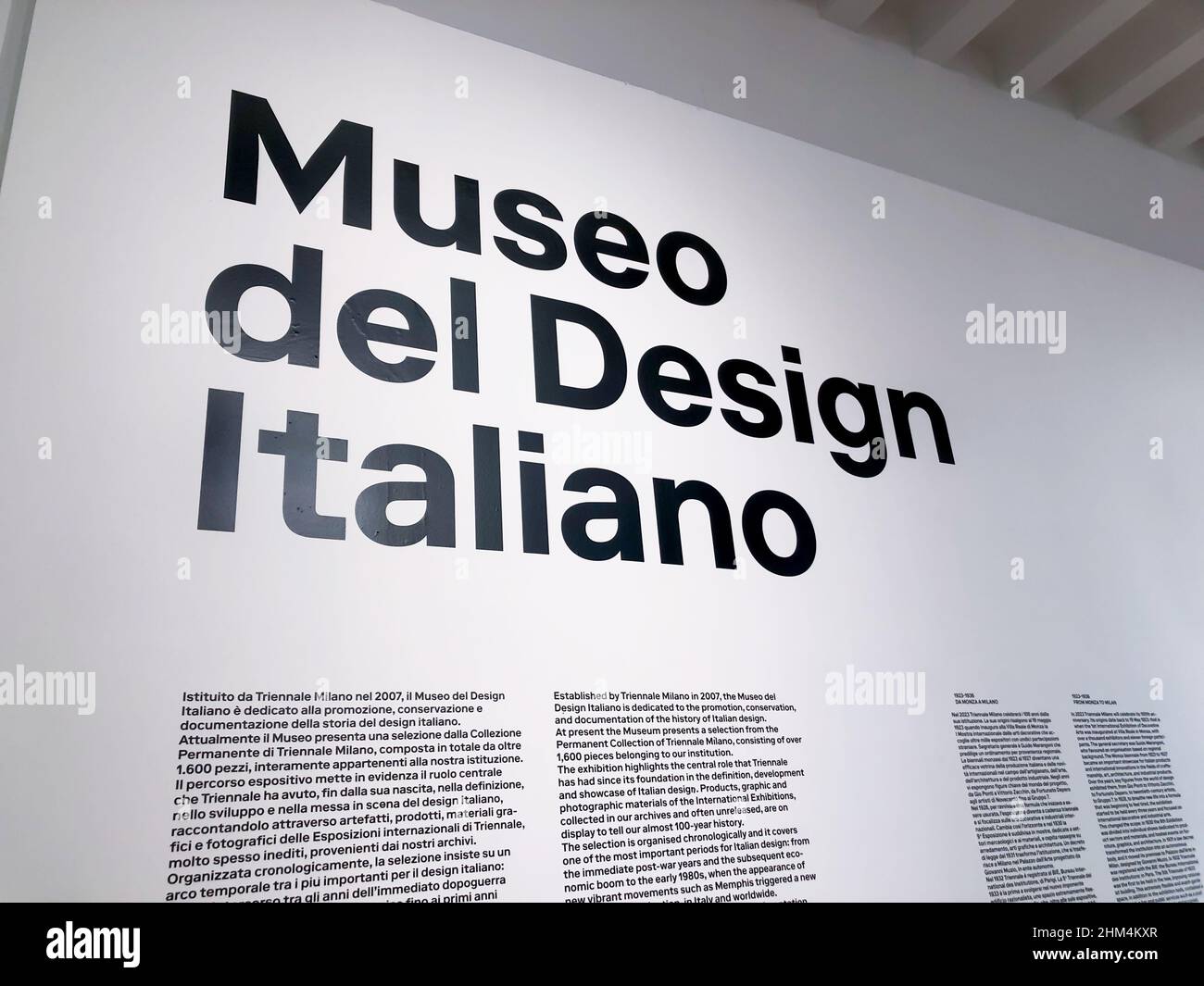 Interior of the Italian Design Museum in Milan, Black sign with the ...