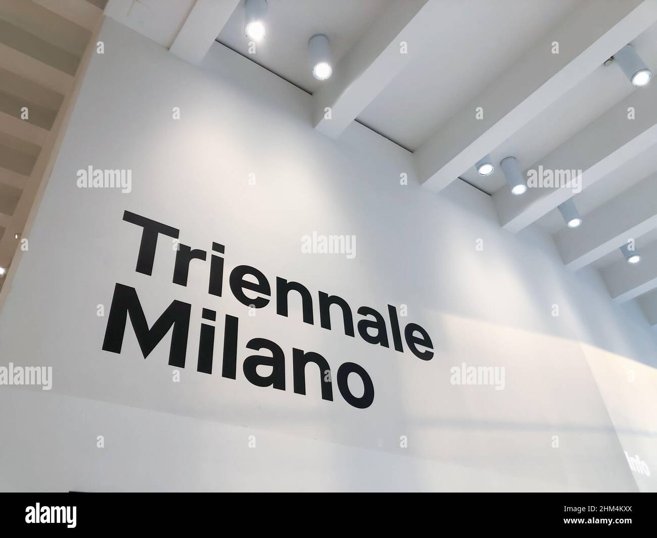 Interior of the Italian Design Museum in Milan, Black sign with the ...