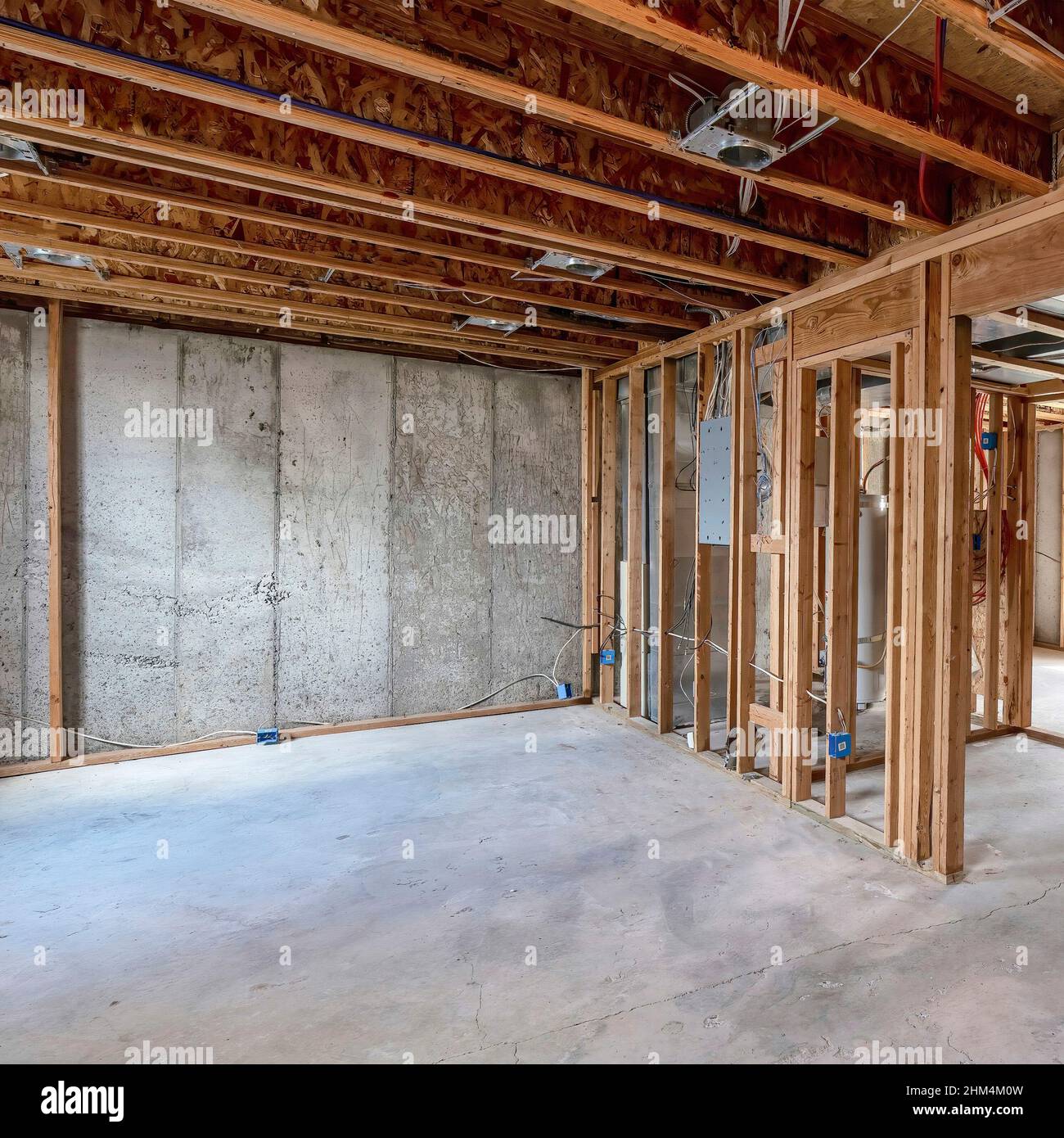 Square Wooden frameworks inside an unfinished basement of a house Stock ...