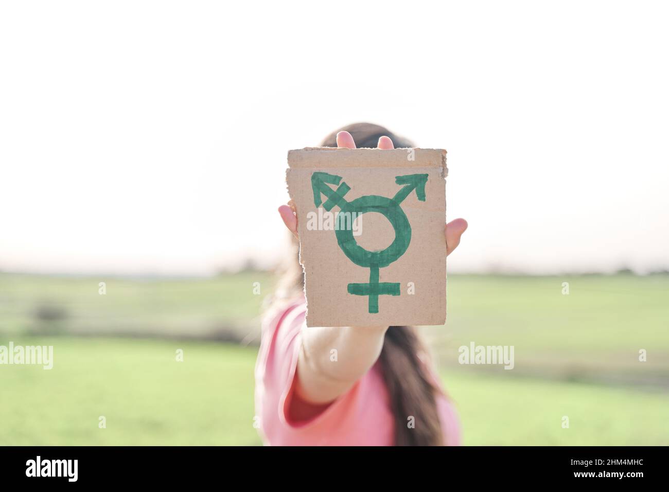 transgender symbol in hands on a cardboard plate, covering (hiding) the ...