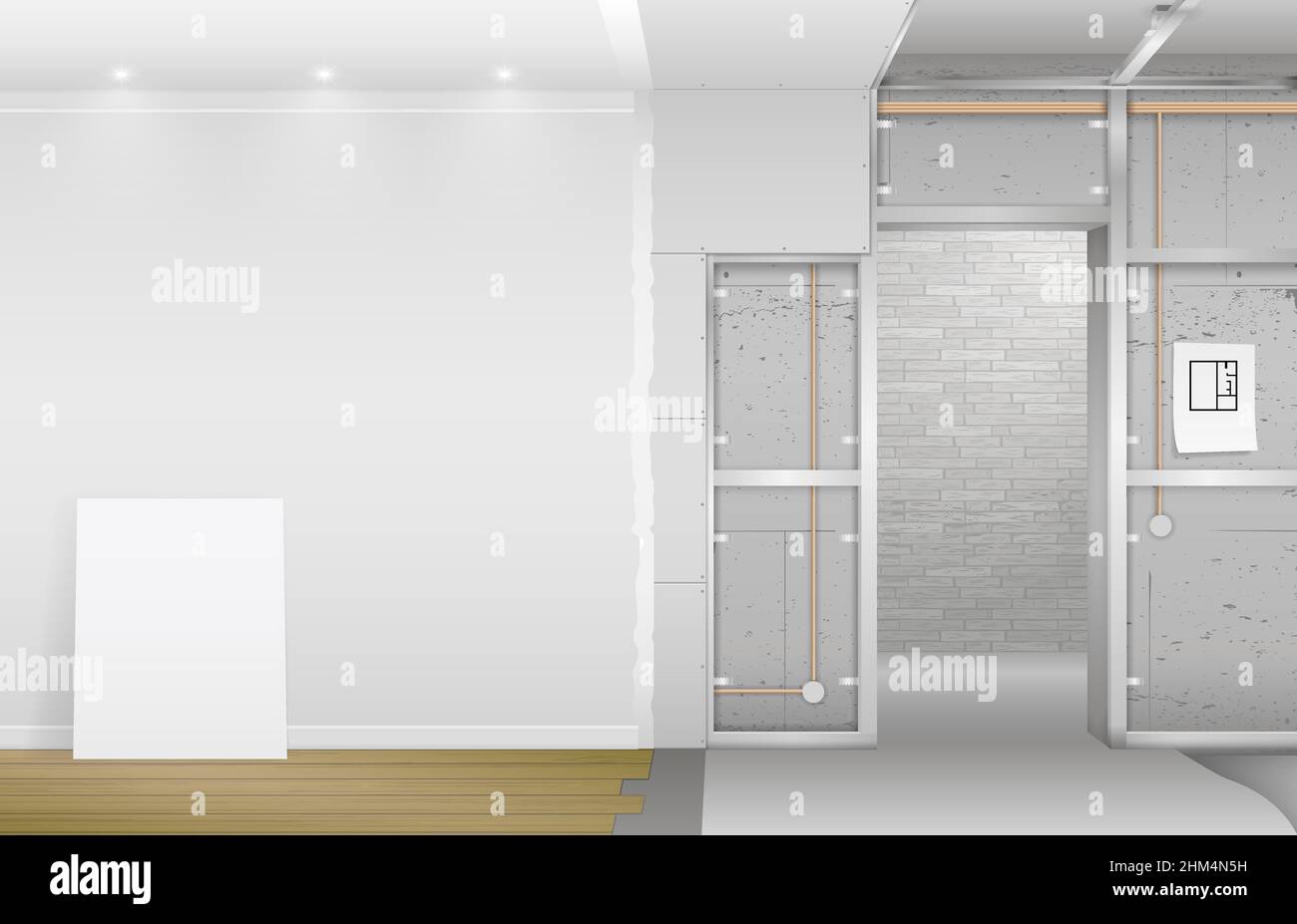 Interior under construction. Frame drywall, design and complete living ...