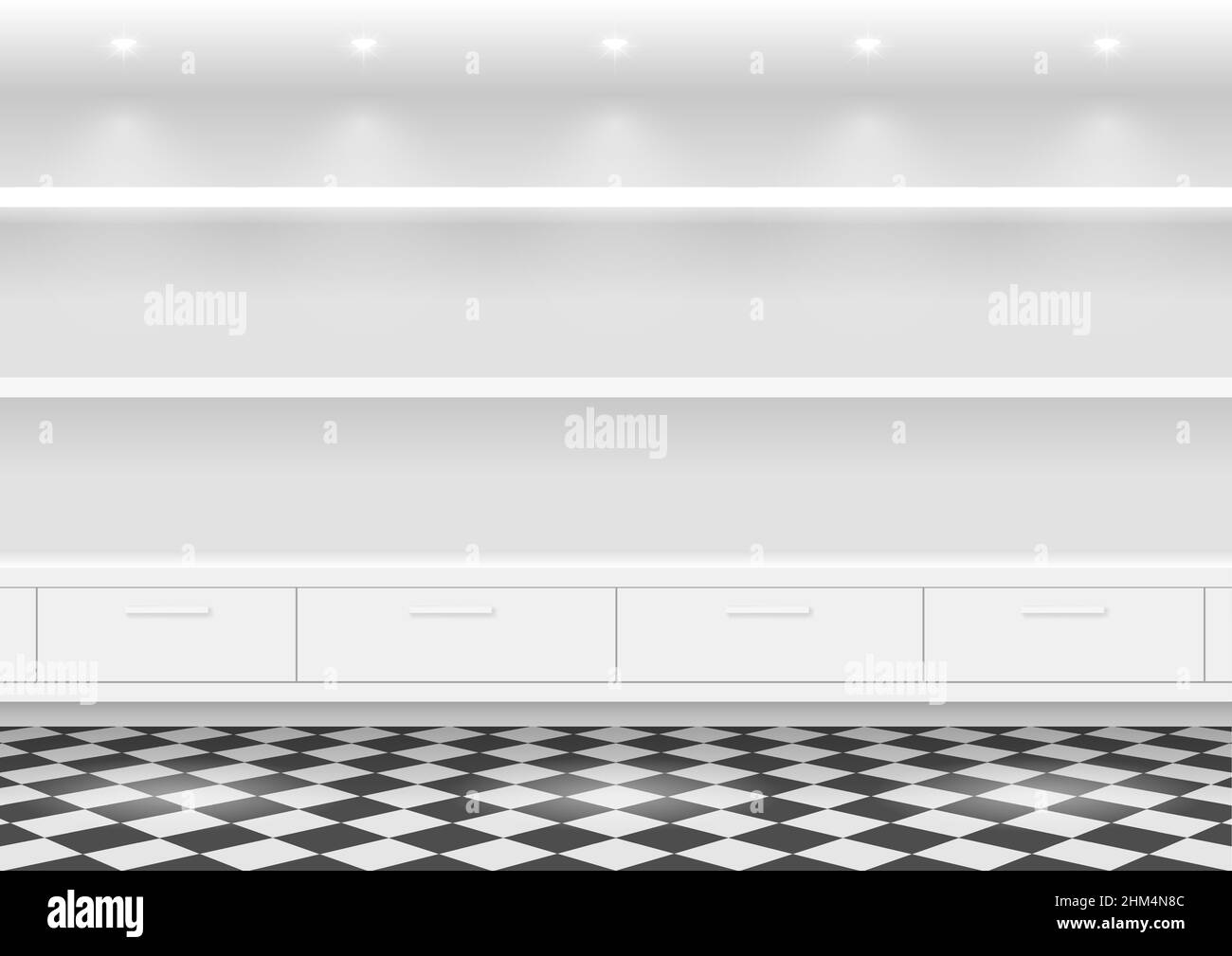 White shelves for the store or supermarket goods with chrome studs ...