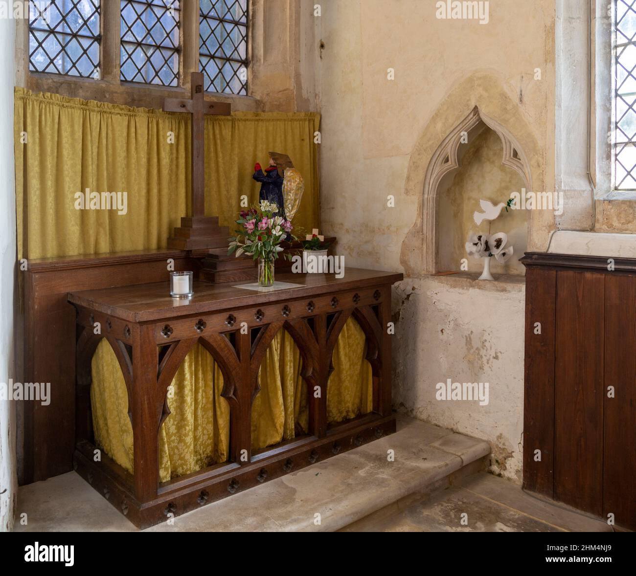 Side chapel altar and piscina, Hessett church, Suffolk, England, UK ...