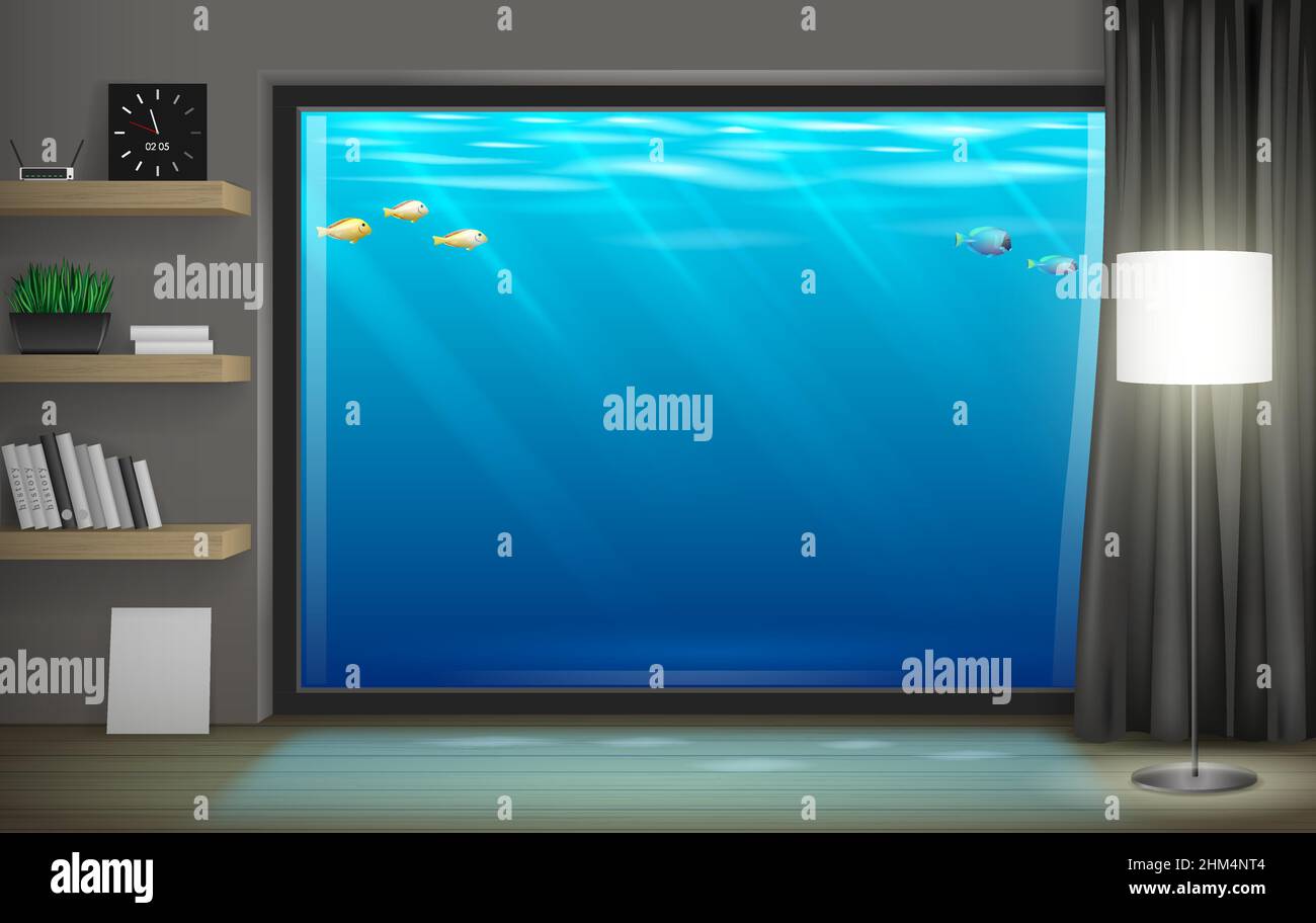 Interior underwater hotel with panoramic window. Vector graphics ...