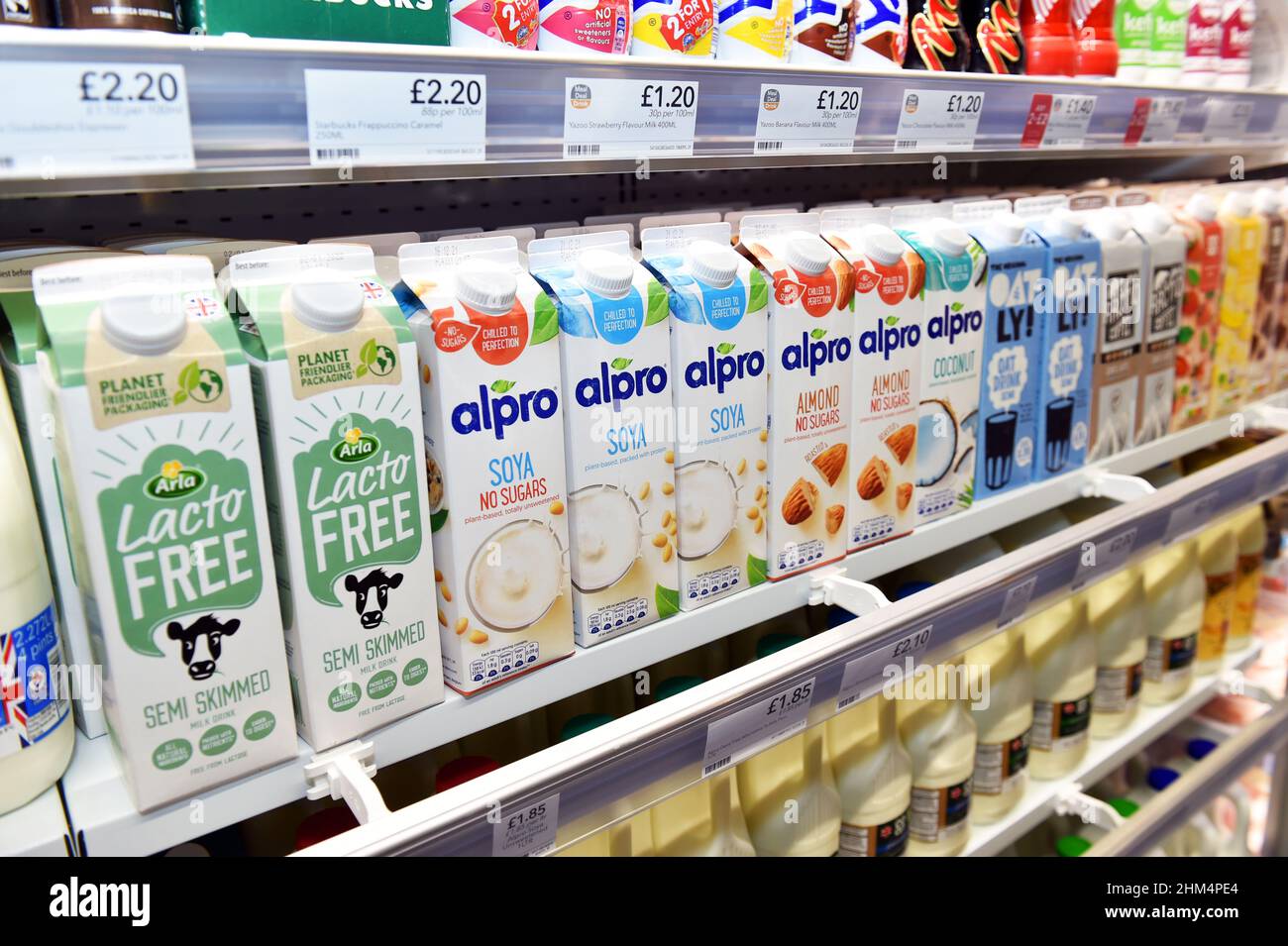 Different milks on sale in a supermarket UK Stock Photo - Alamy