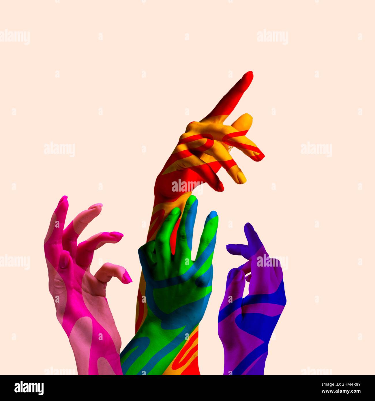 Contemporary art collage. Composition with multicolored human hands ...