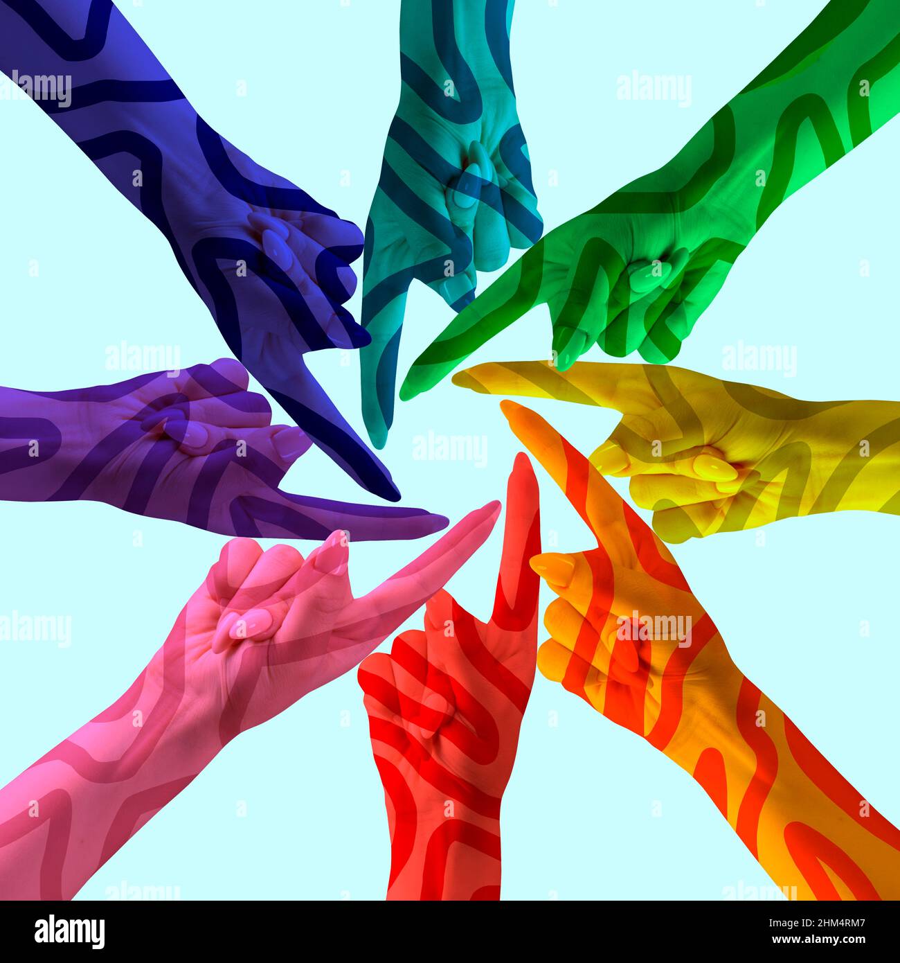 Contemporary art collage. Composition with multicolored human hands ...