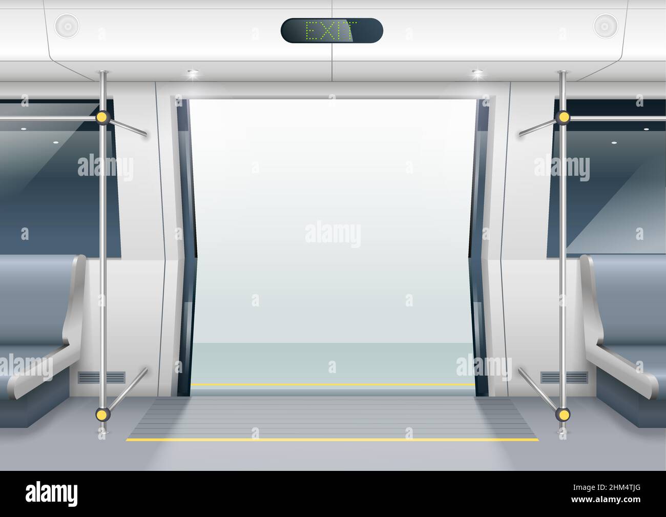 Sliding doors of modern subway car with seating for passengers. Vector ...