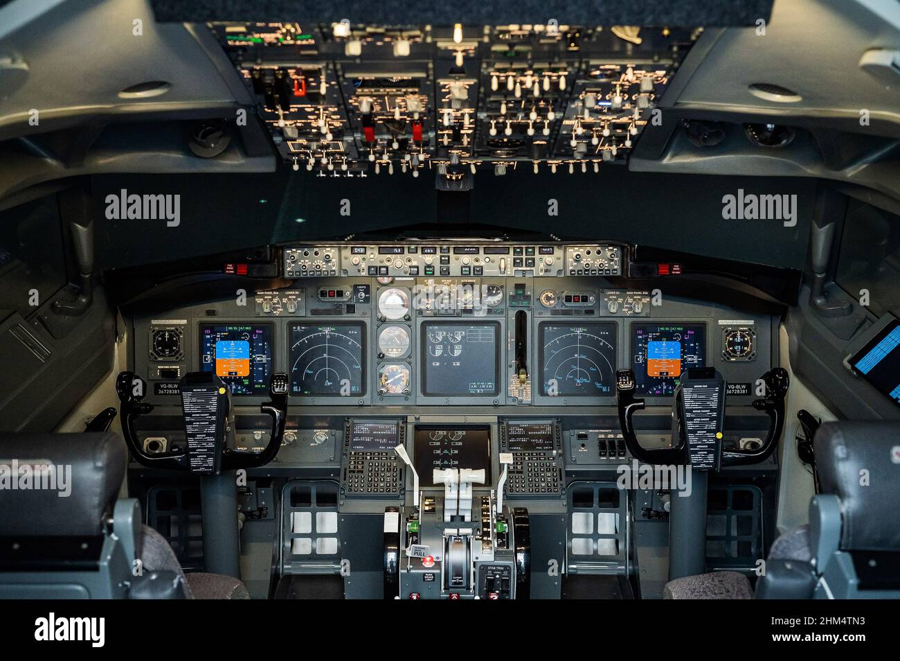 General view of the empty cockpit cockpit. Commercial flight simulator ...
