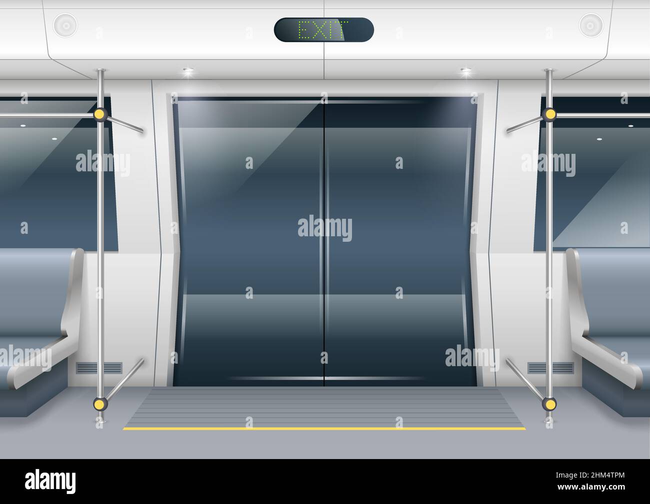 Sliding doors of modern subway car with seating for passengers. Vector ...