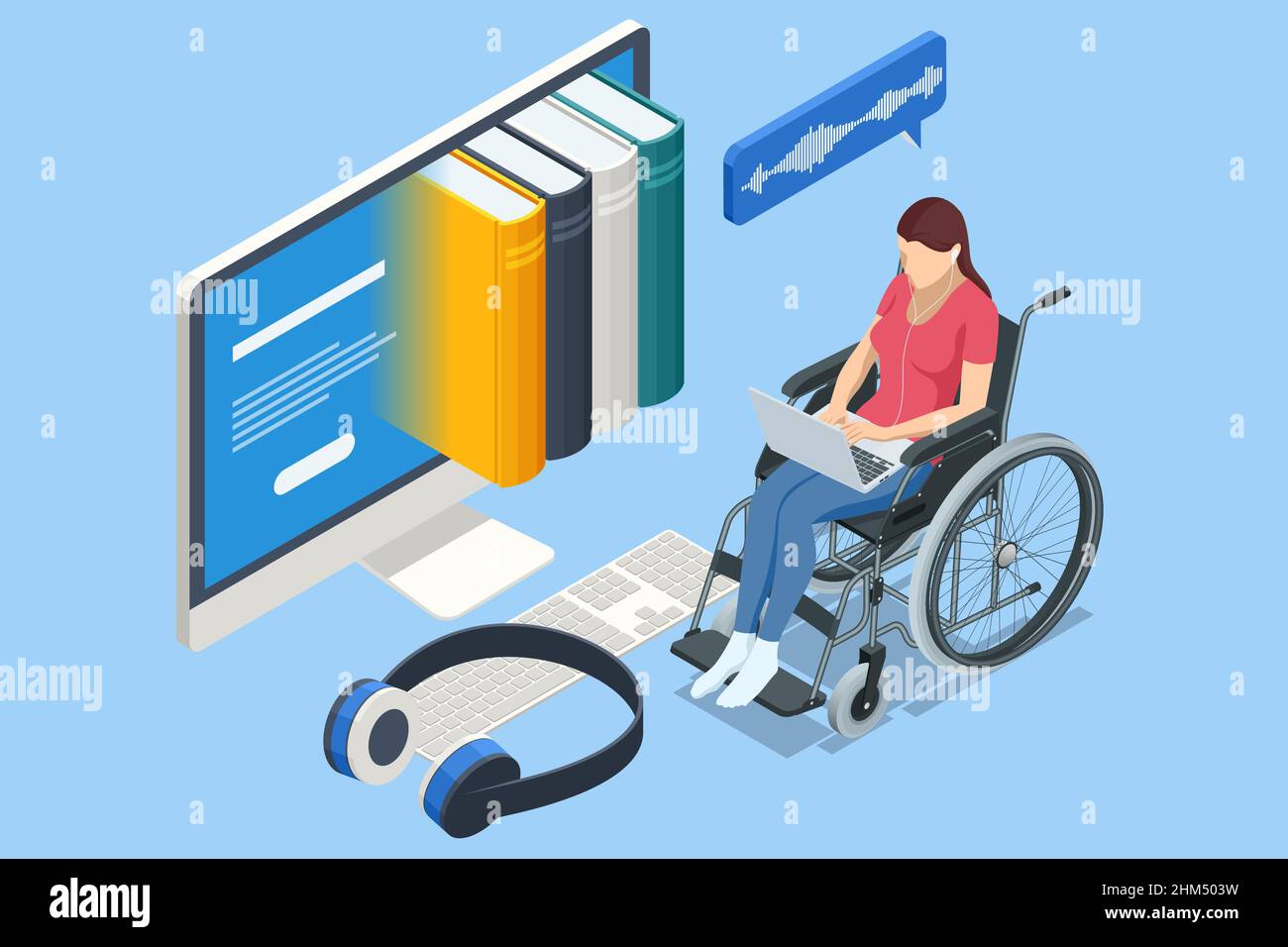 Isometric woman in headphones listening to audiobook. Modern interface ...