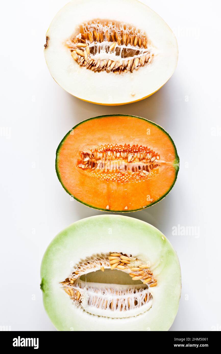 Top view of different types of melon Stock Photo - Alamy
