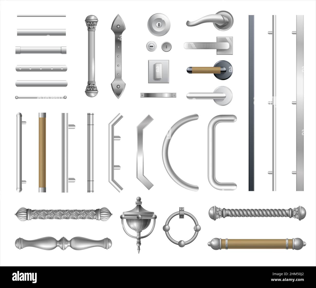 Set of modern door handles for doors or windows. Architectural details ...