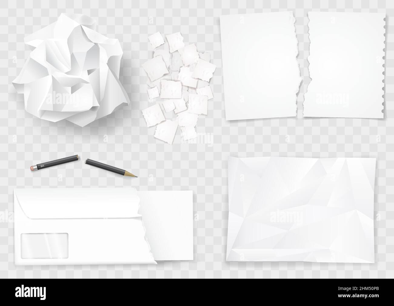 Set of different crumpled and torn sheets of paper. Broken pencil ...