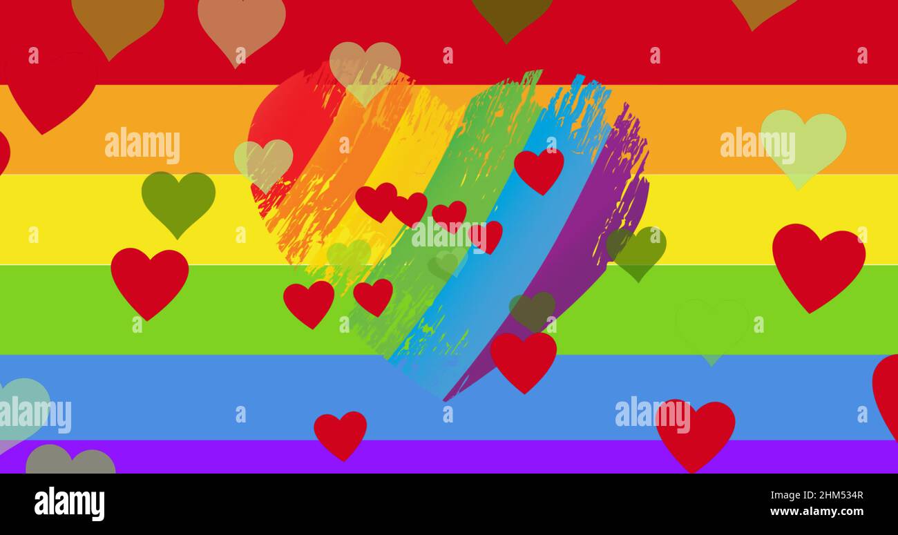 Image of hearts floating on rainbow background Stock Photo - Alamy