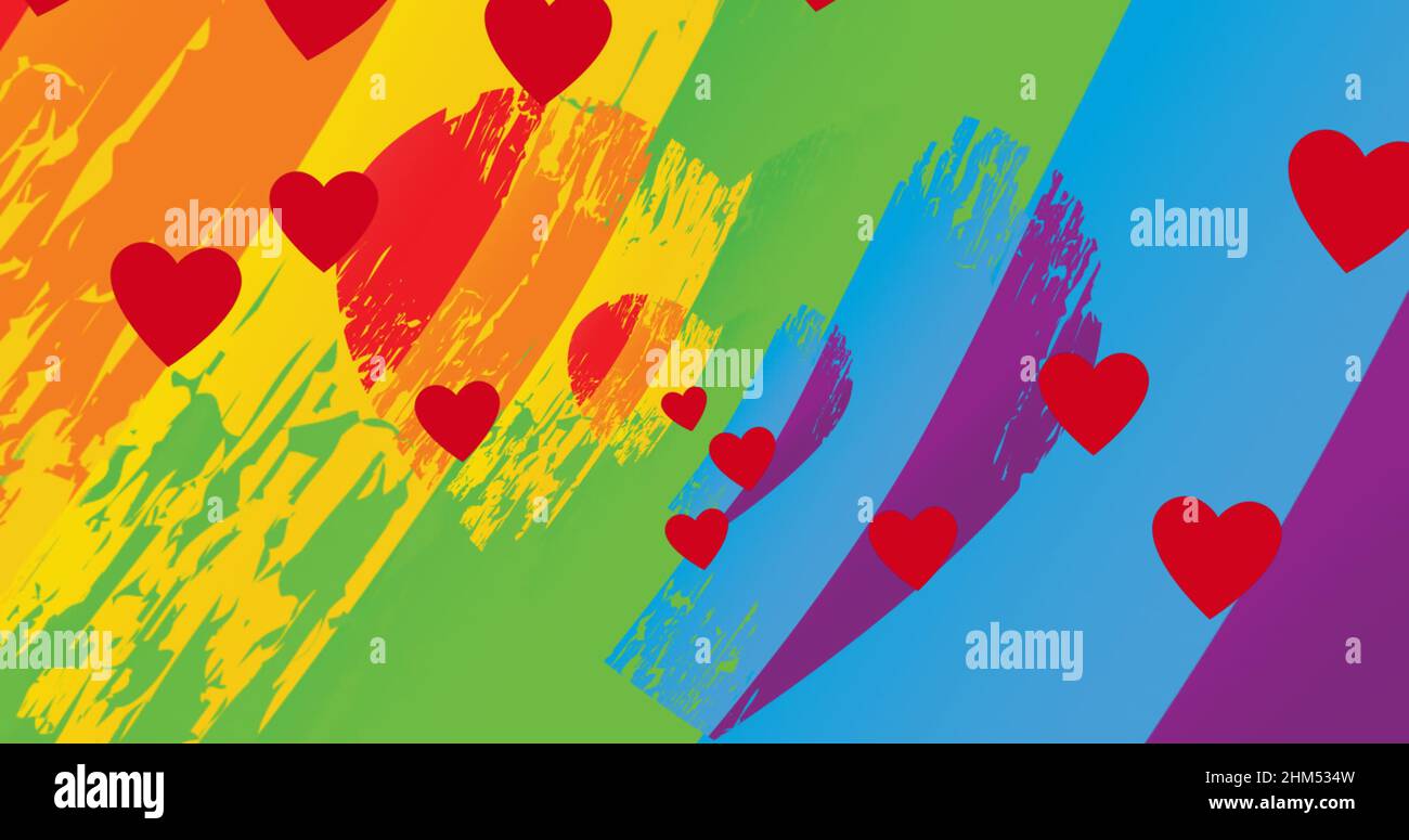 Image of hearts floating on rainbow background Stock Photo - Alamy