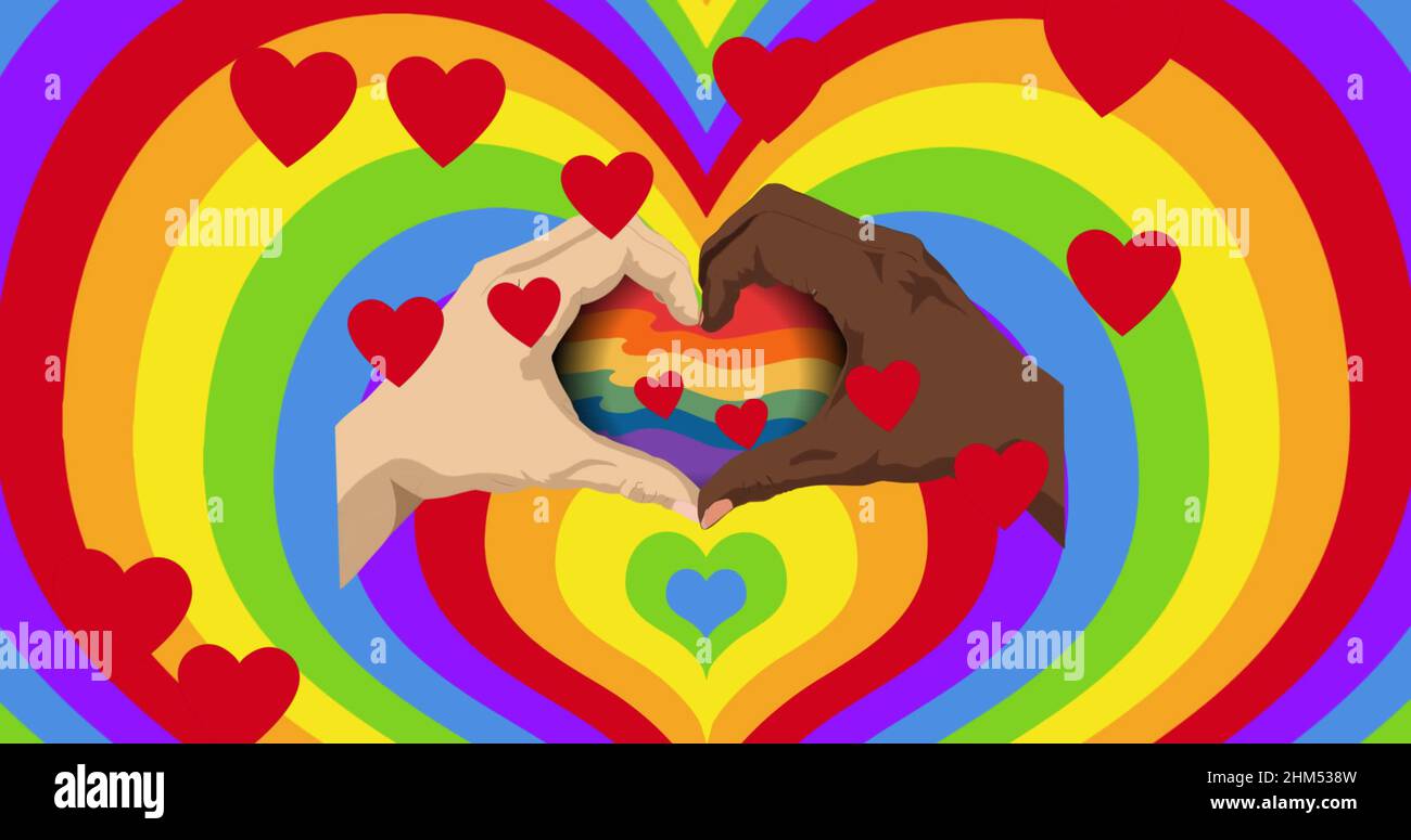 Image of hearts and diverse hands over rainbow heart Stock Photo - Alamy