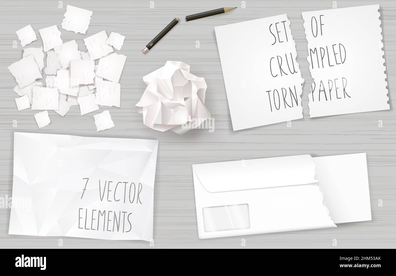 Set of different crumpled and torn sheets of paper. Broken pencil ...