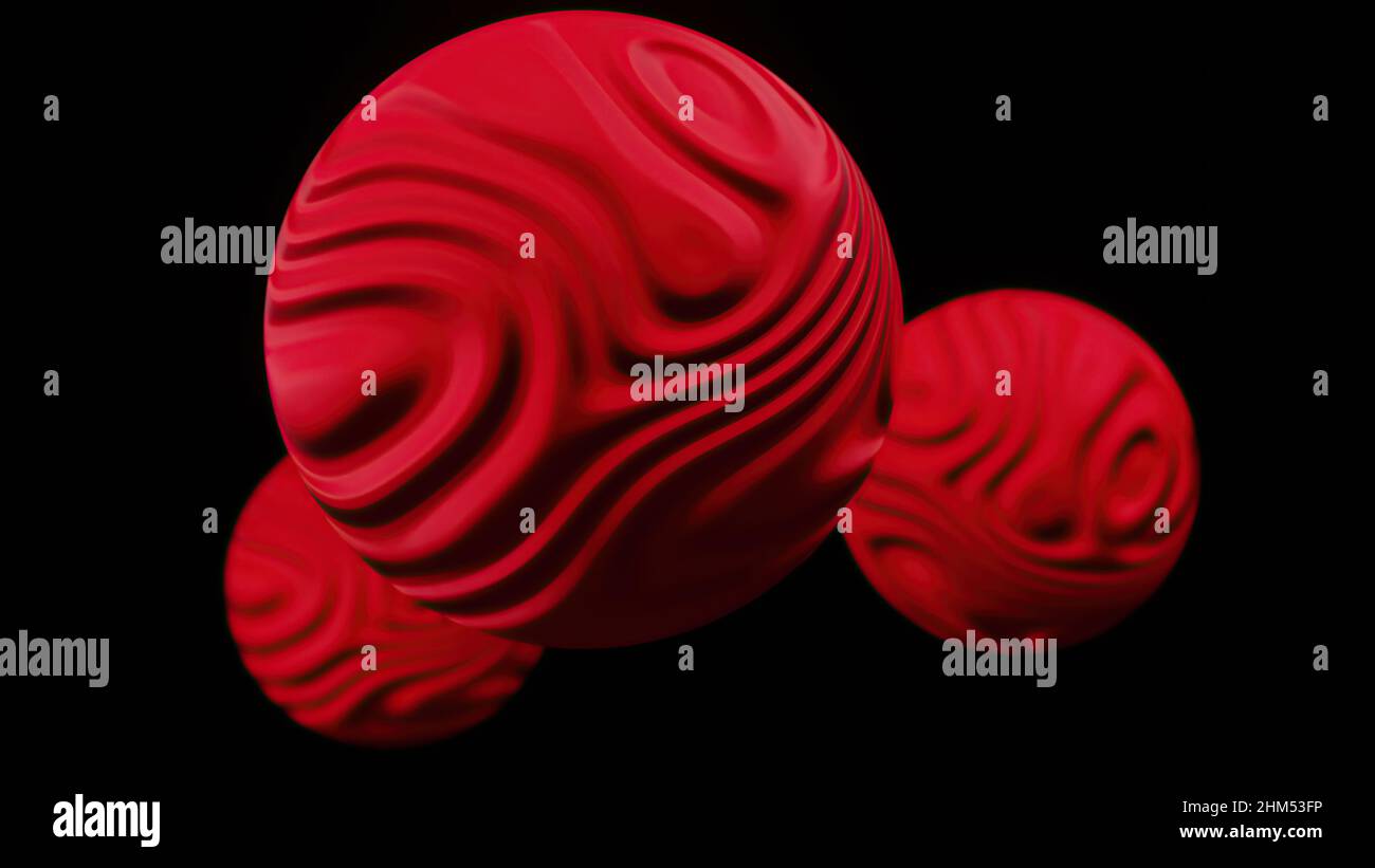 3d illustration - Computer generated three red spheres with curly shape ...