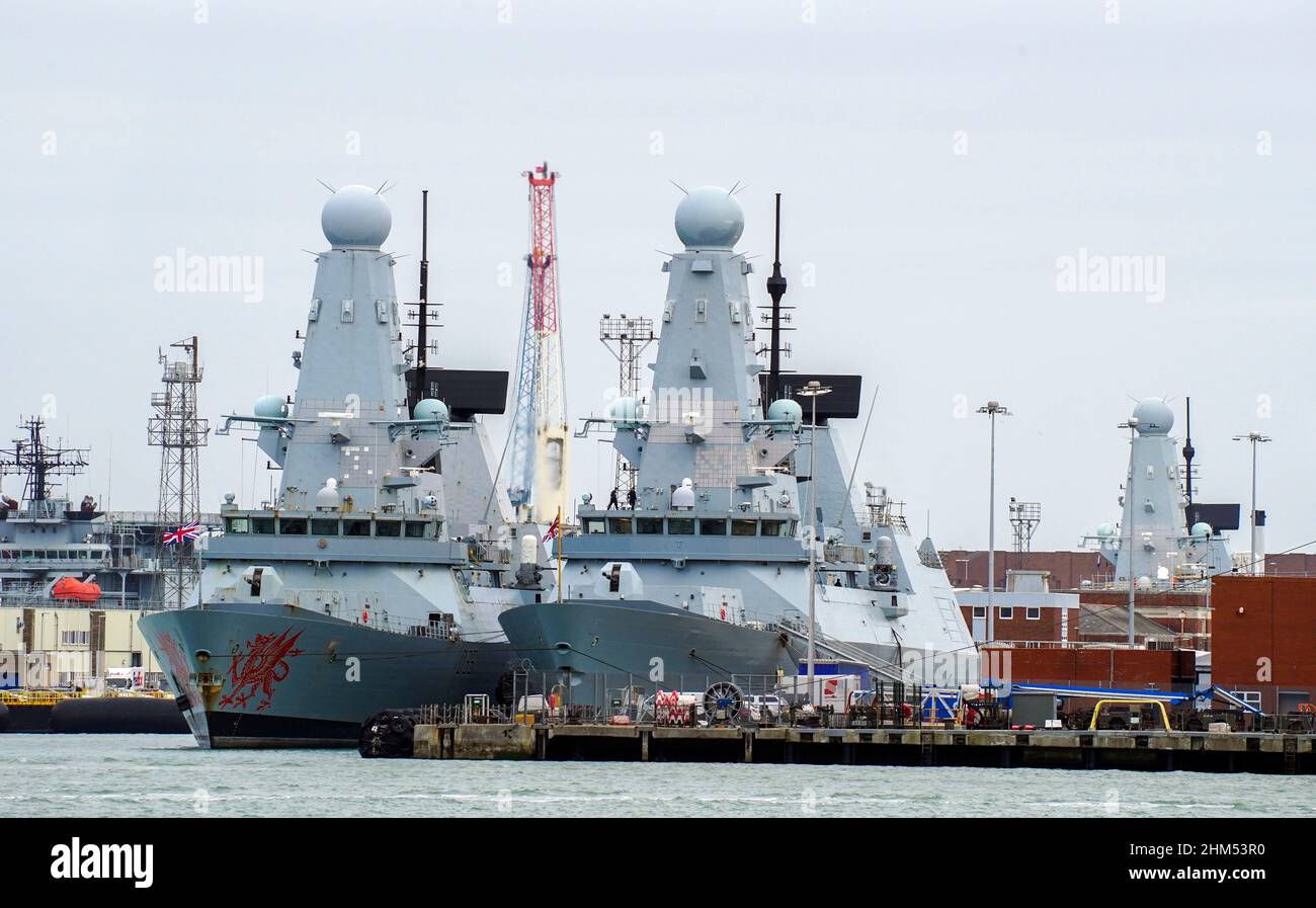 Three of the Royal Navy's Type 45 destroyers, HMS Dragon (left), HMS ...