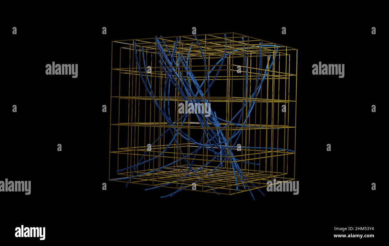 3d illustration - curved lines go around inside of a square wire frame ...
