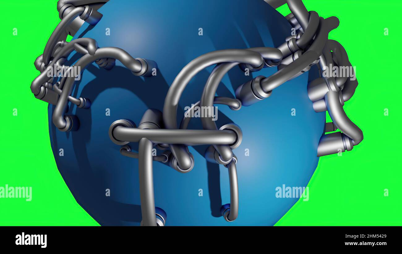 3d illustration - Sphere figure with silver metallic pipes on the green ...