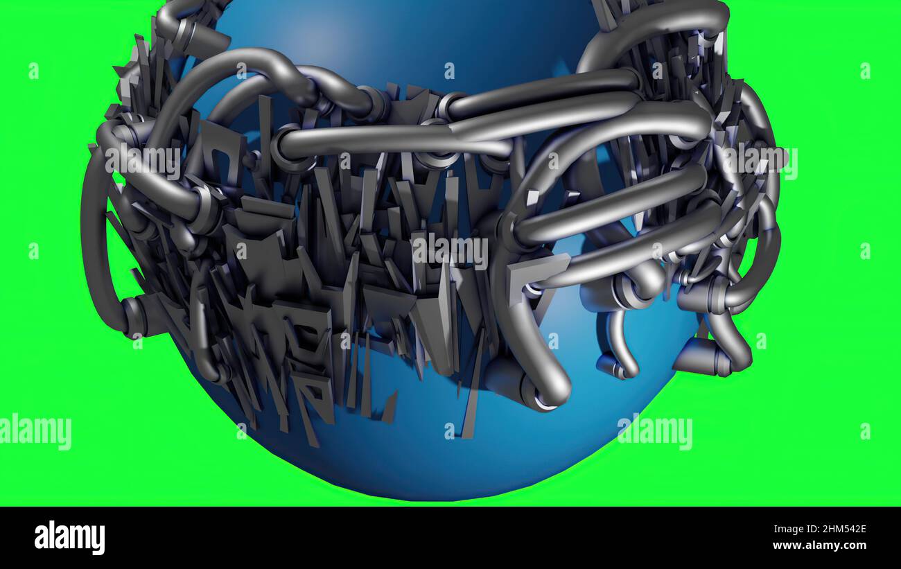3d illustration - Sphere figure with silver metallic pipes on the green ...