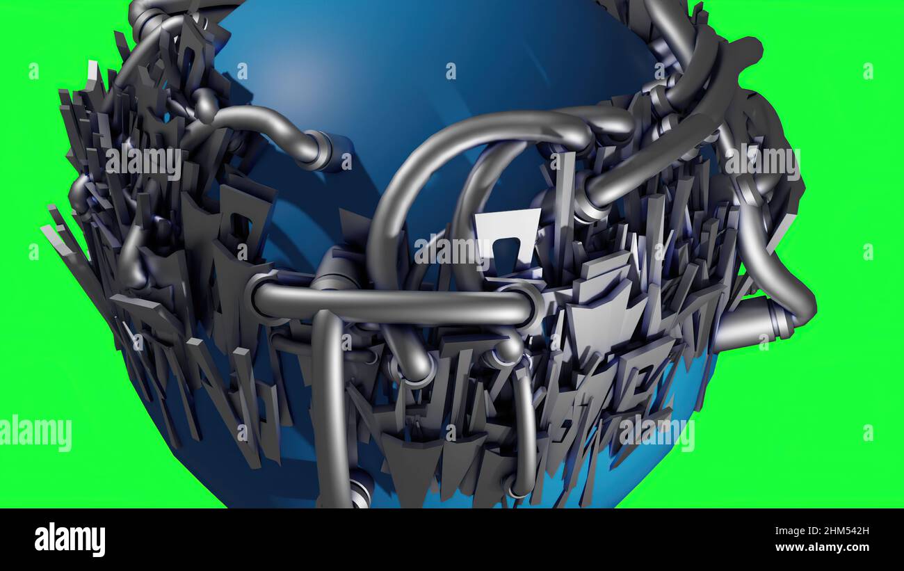 3d illustration - Sphere figure with silver metallic pipes on the green ...