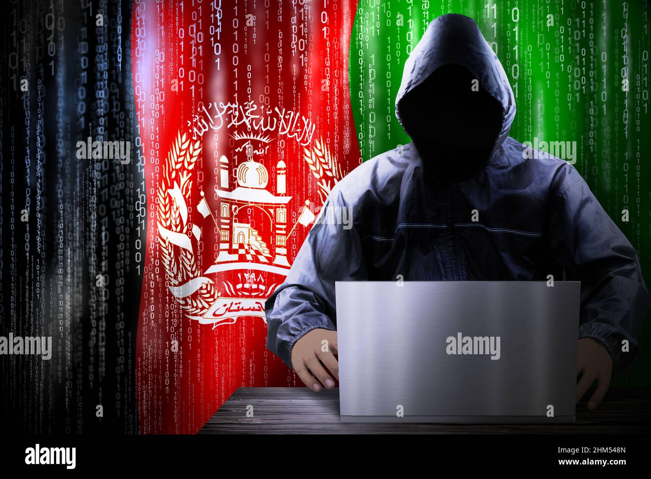Anonymous hooded hacker, flag of Afghanistan, binary code - cyber ...