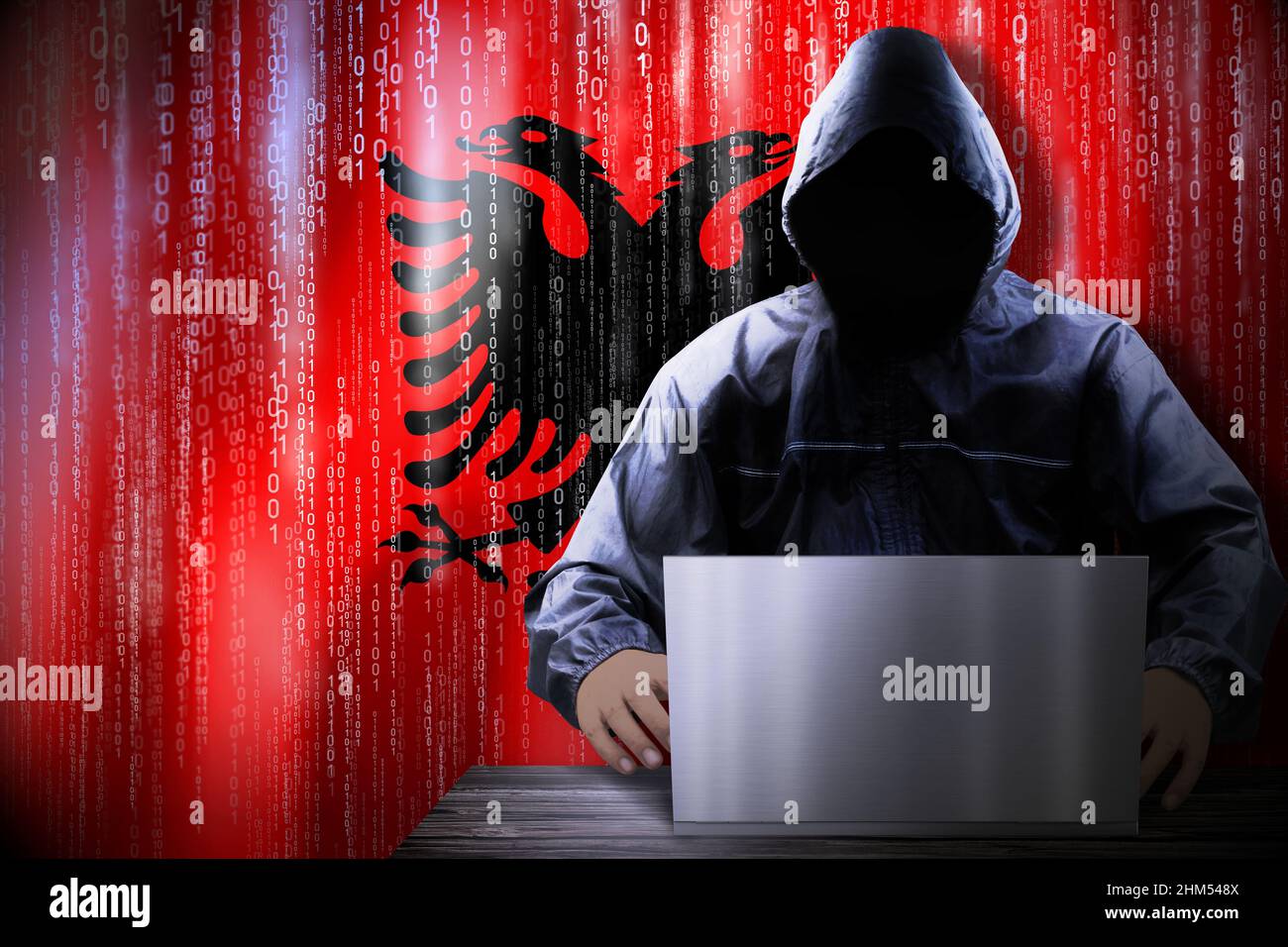Anonymous hooded hacker, flag of Albania, binary code - cyber attack concept Stock Photo - Alamy