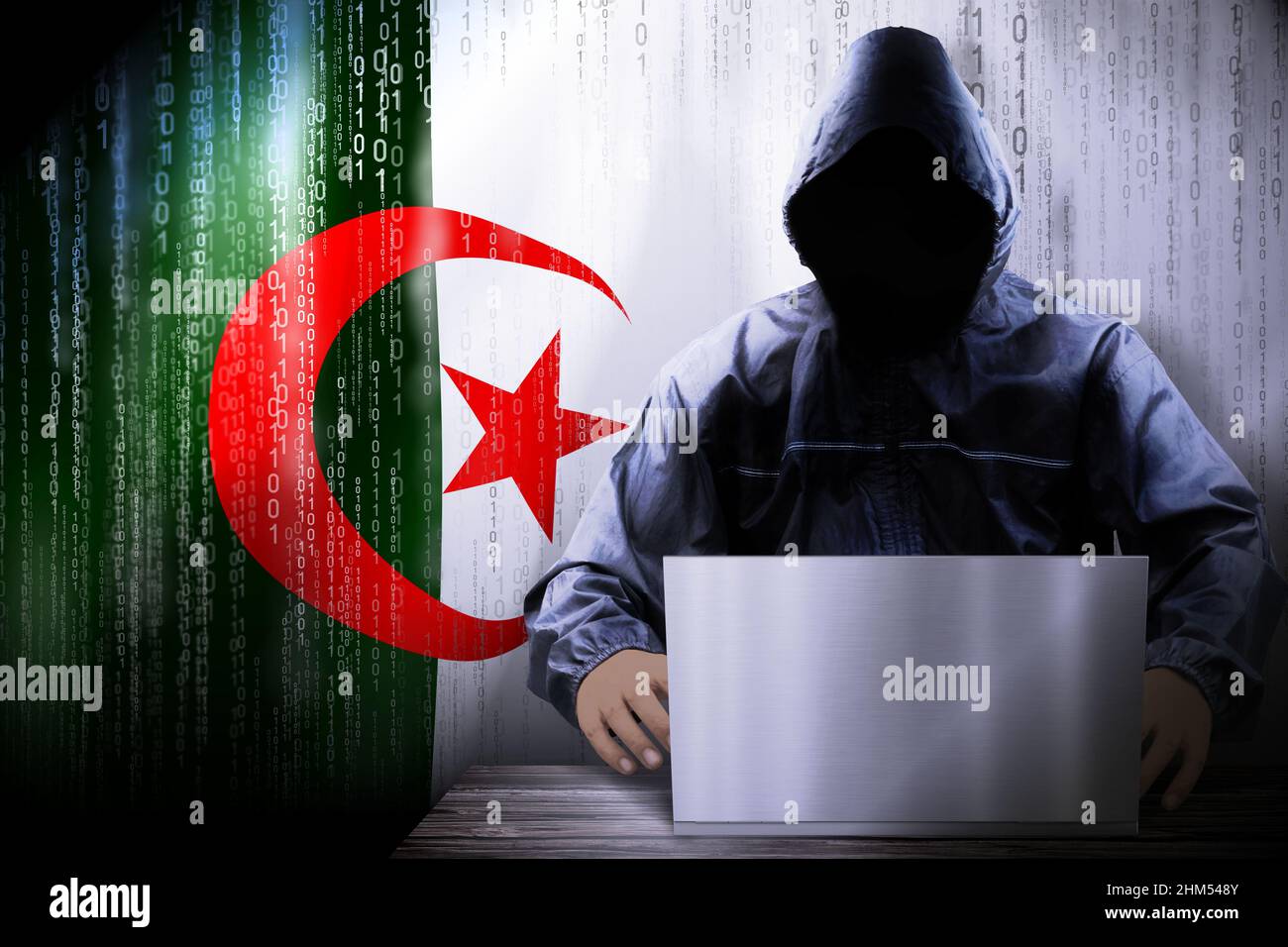 Anonymous hooded hacker, flag of Algeria, binary code - cyber attack concept Stock Photo - Alamy