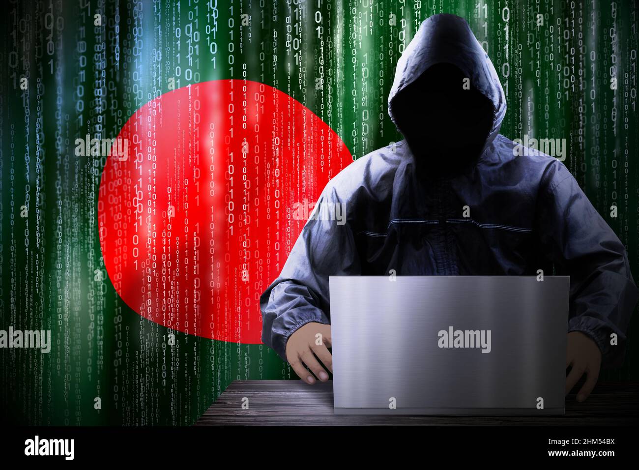 Anonymous hooded hacker, flag of Bangladesh, binary code - cyber attack ...