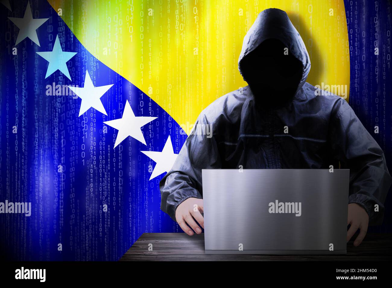 Anonymous hooded hacker, flag of Bosnia and Herzegovina binary code ...