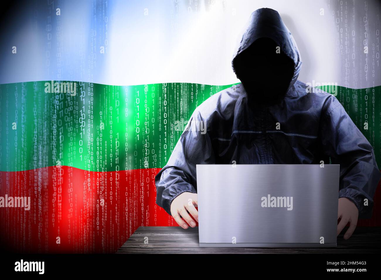 Anonymous hooded hacker, flag of Bulgaria, binary code - cyber attack ...