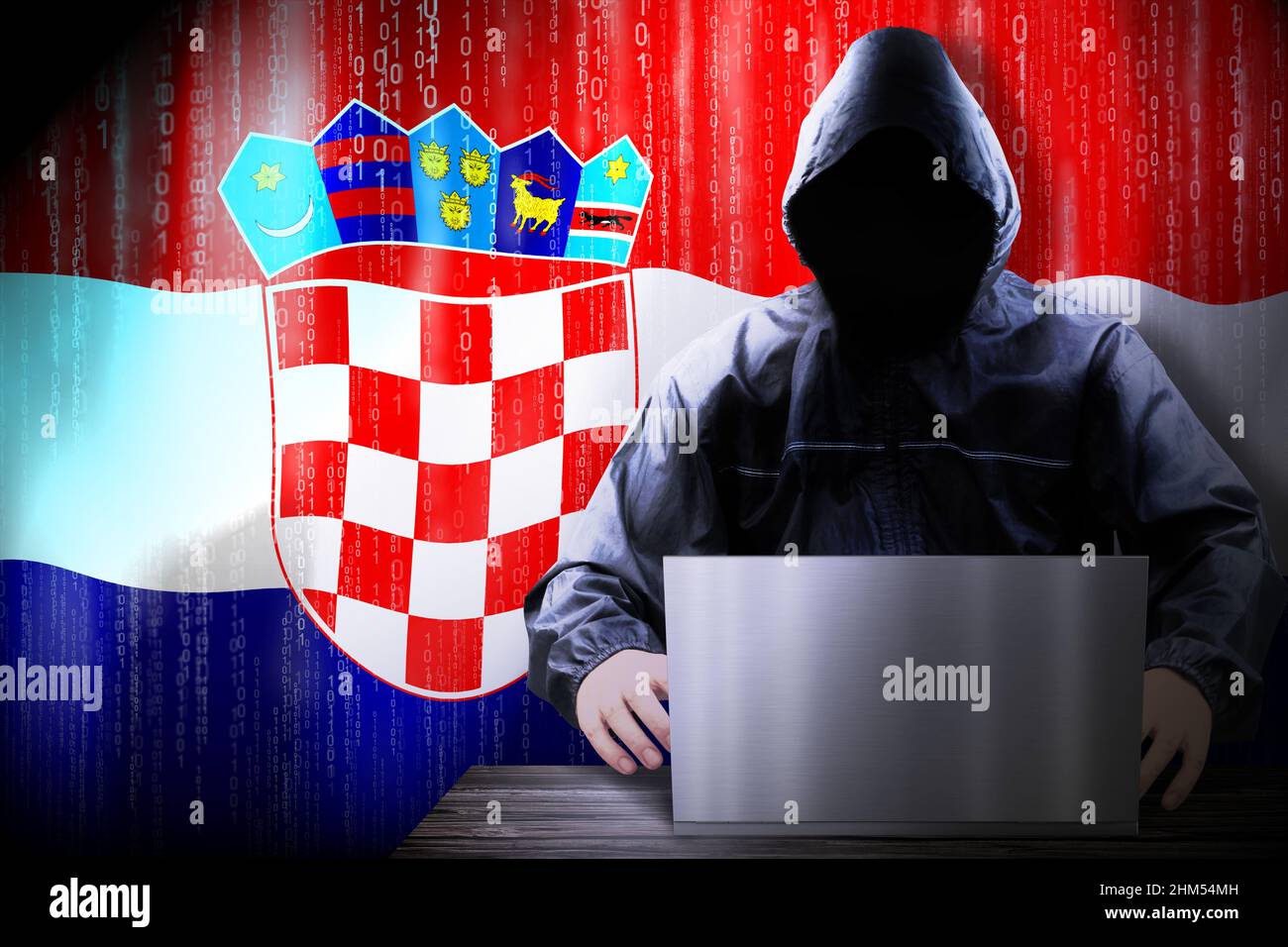 Anonymous hooded hacker, flag of Croatia, binary code - cyber attack ...