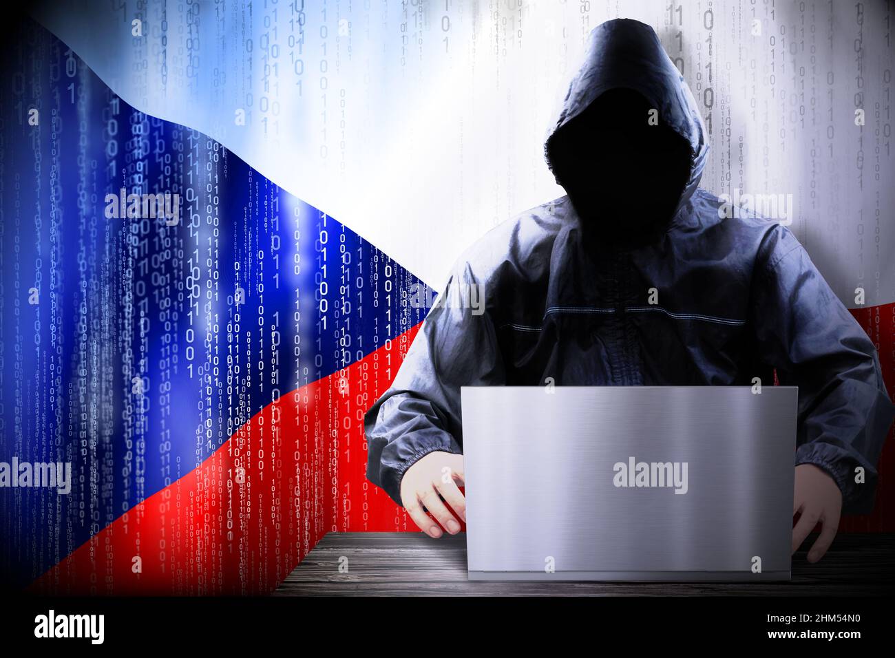Anonymous hooded hacker, flag of Czech Republic, binary code - cyber ...