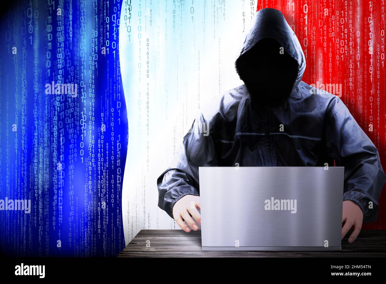 Anonymous hooded hacker, flag of France, binary code - cyber attack ...