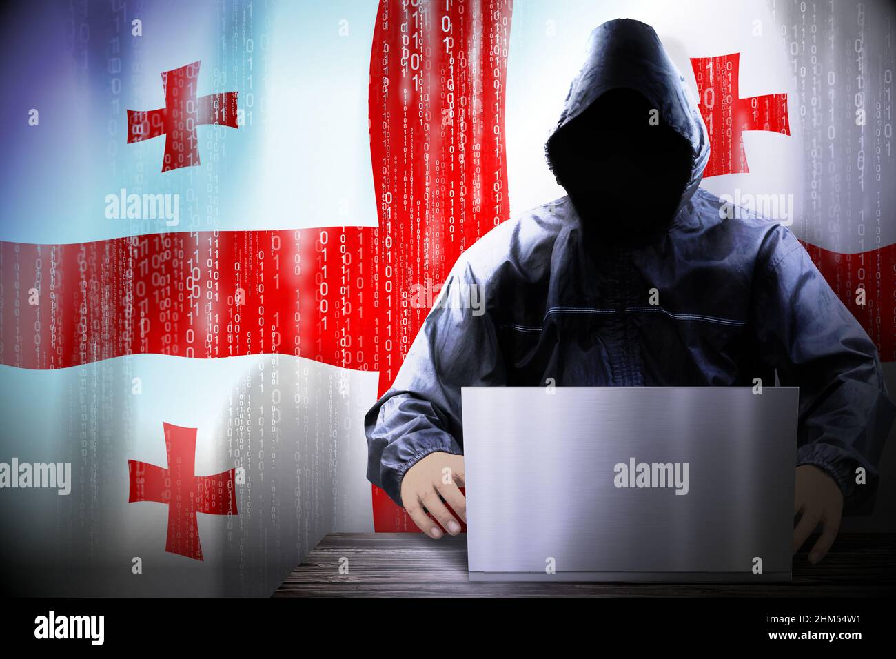 Anonymous hooded hacker, flag of Georgia, binary code - cyber attack concept Stock Photo - Alamy