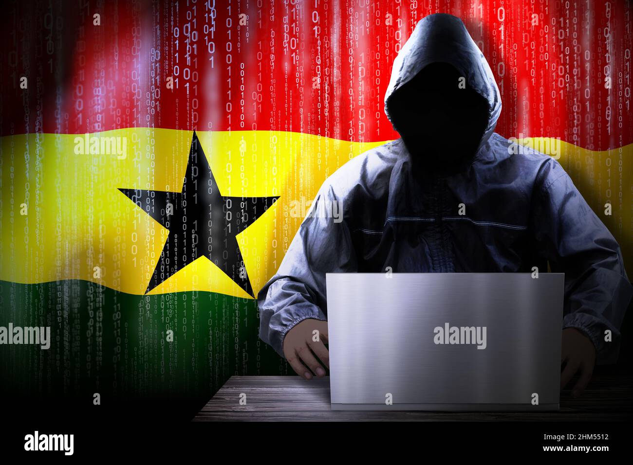 Anonymous hooded hacker, flag of Ghana, binary code - cyber attack ...