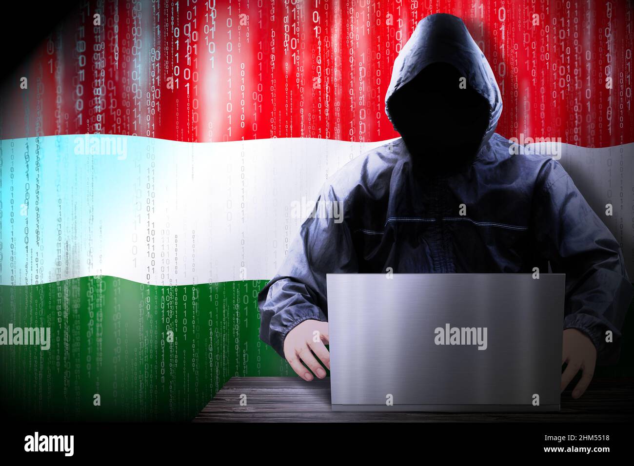Anonymous hooded hacker, flag of Hungary, binary code - cyber attack ...