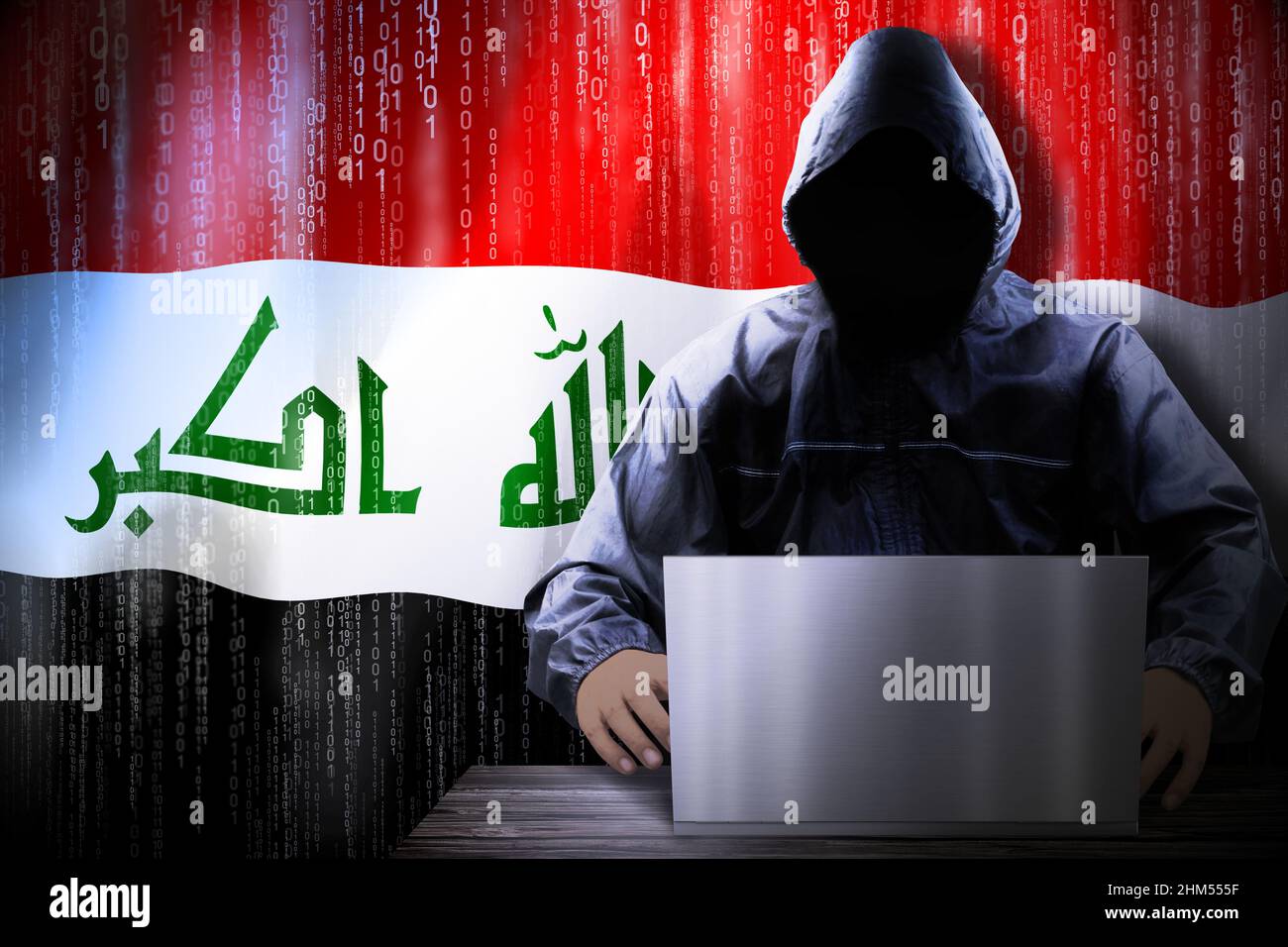 Anonymous hooded hacker, flag of Iraq, binary code - cyber attack concept Stock Photo - Alamy