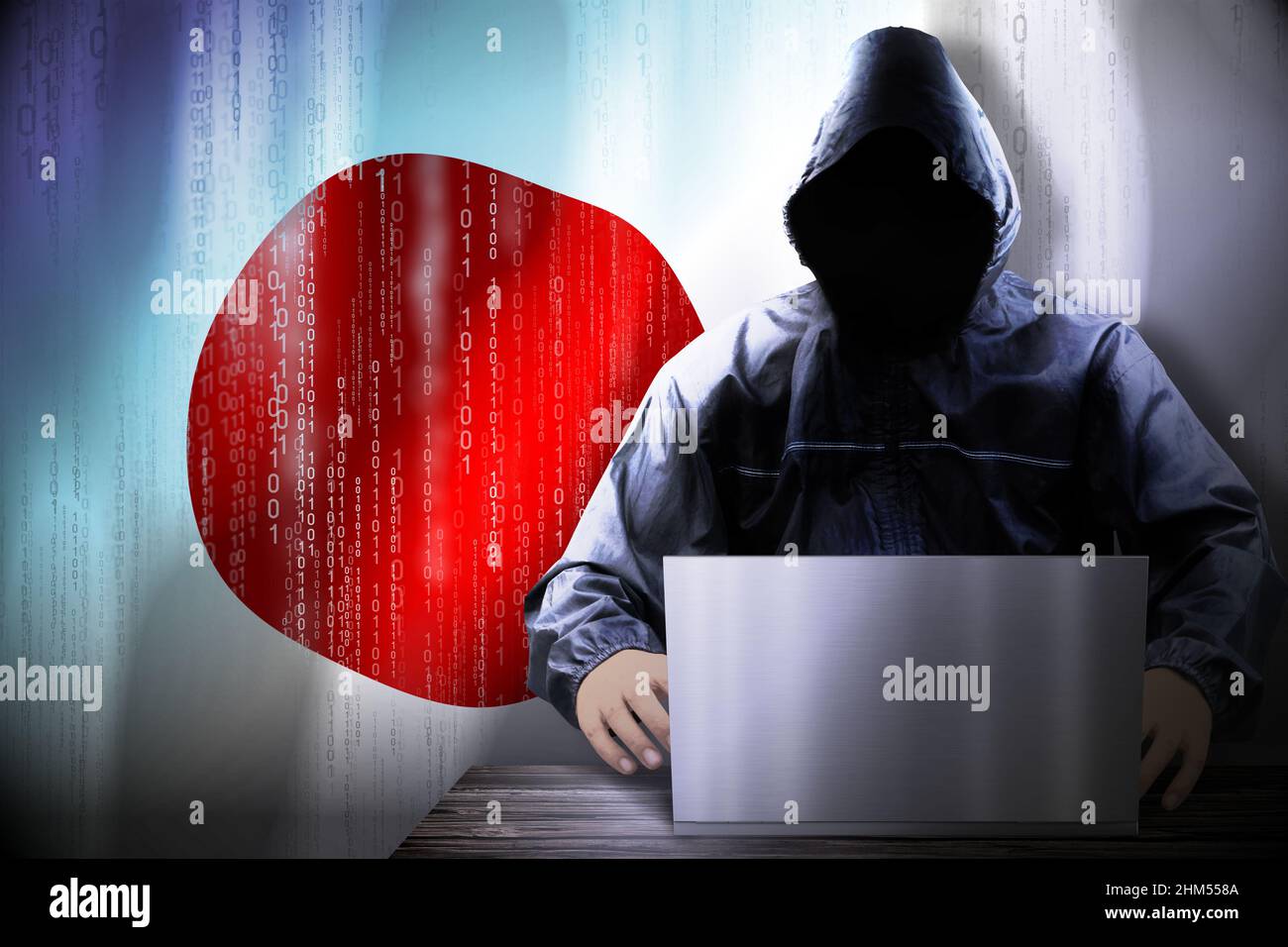 Anonymous hooded hacker, flag of Japan, binary code - cyber attack ...