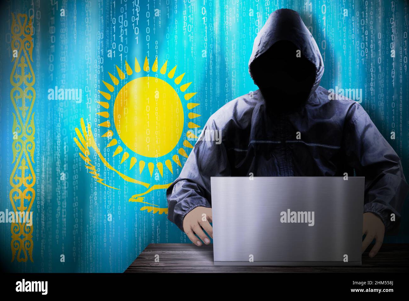 Anonymous hooded hacker, flag of Kazakhstan, binary code - cyber attack ...
