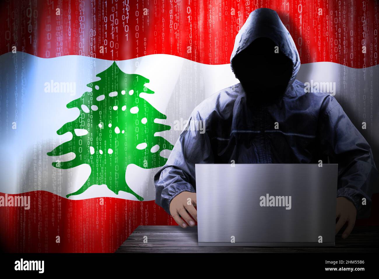Anonymous Hooded Hacker Flag Of Lebanon Binary Code Cyber Attack