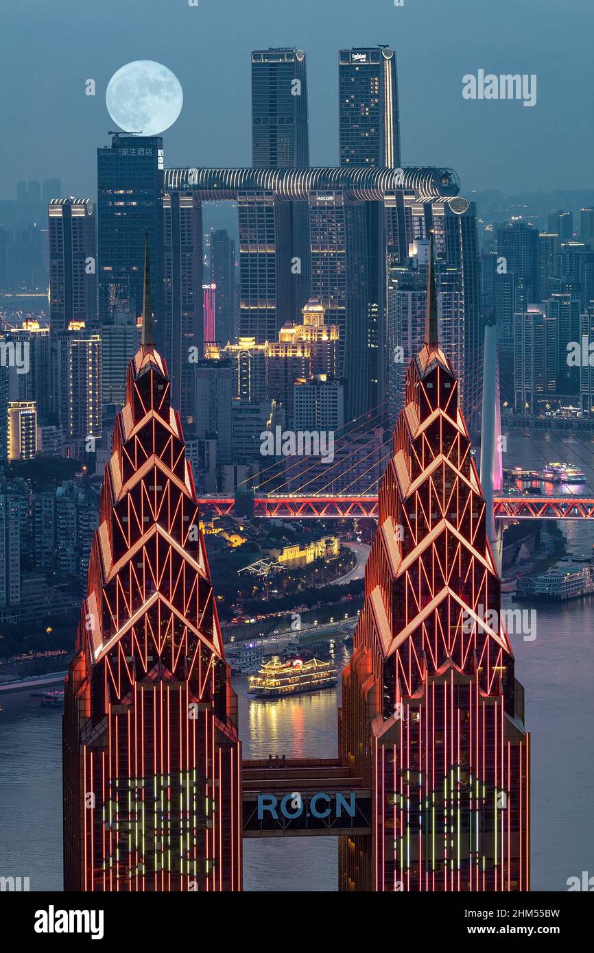 Chongqing urban architecture - full moon at the Mid-Autumn night Stock ...