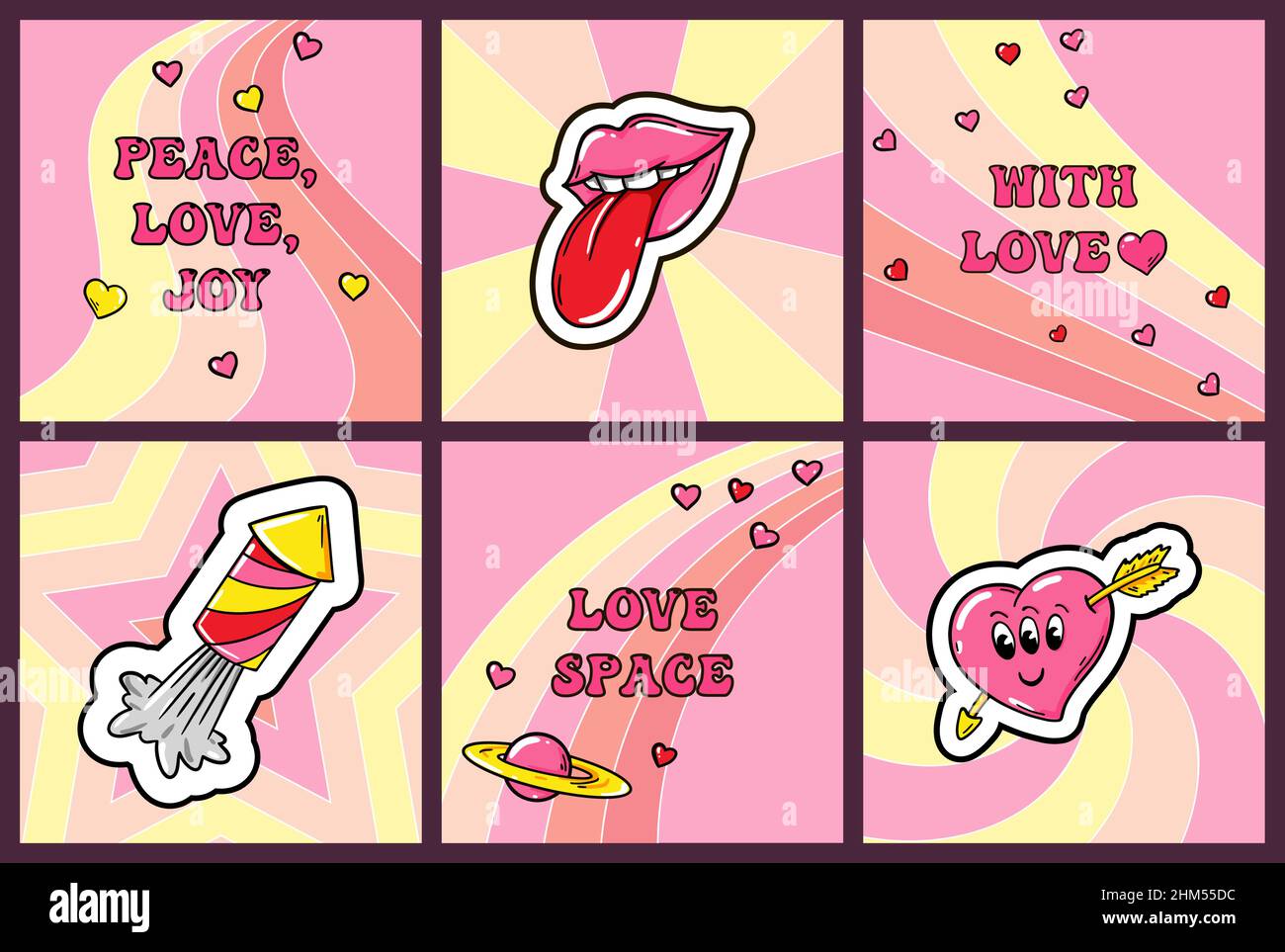 Set of square trendy love posters with cute comic illustrations. Groovy ...