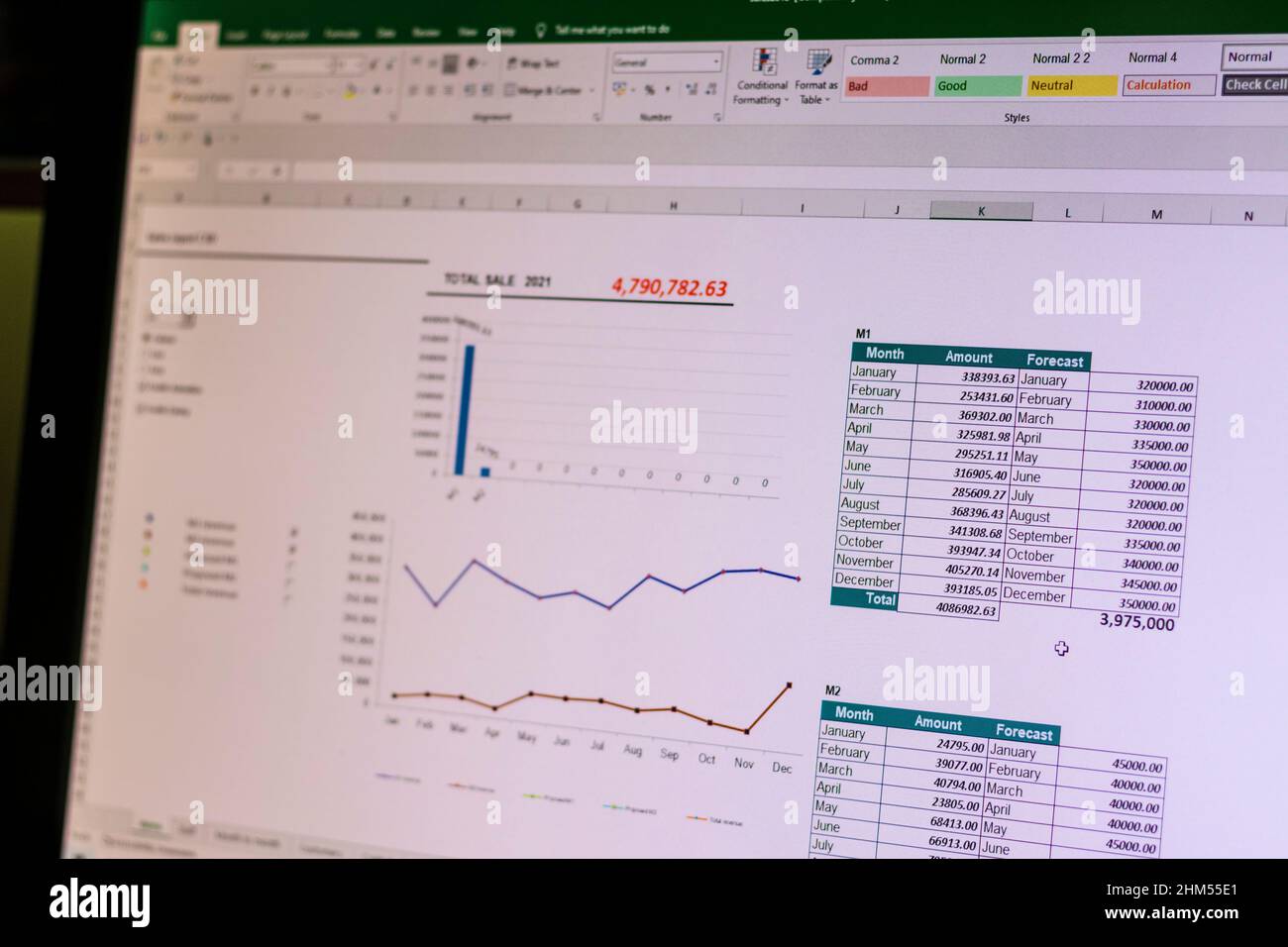 Shot of an excel sheet on computer screen showing sales report with ...