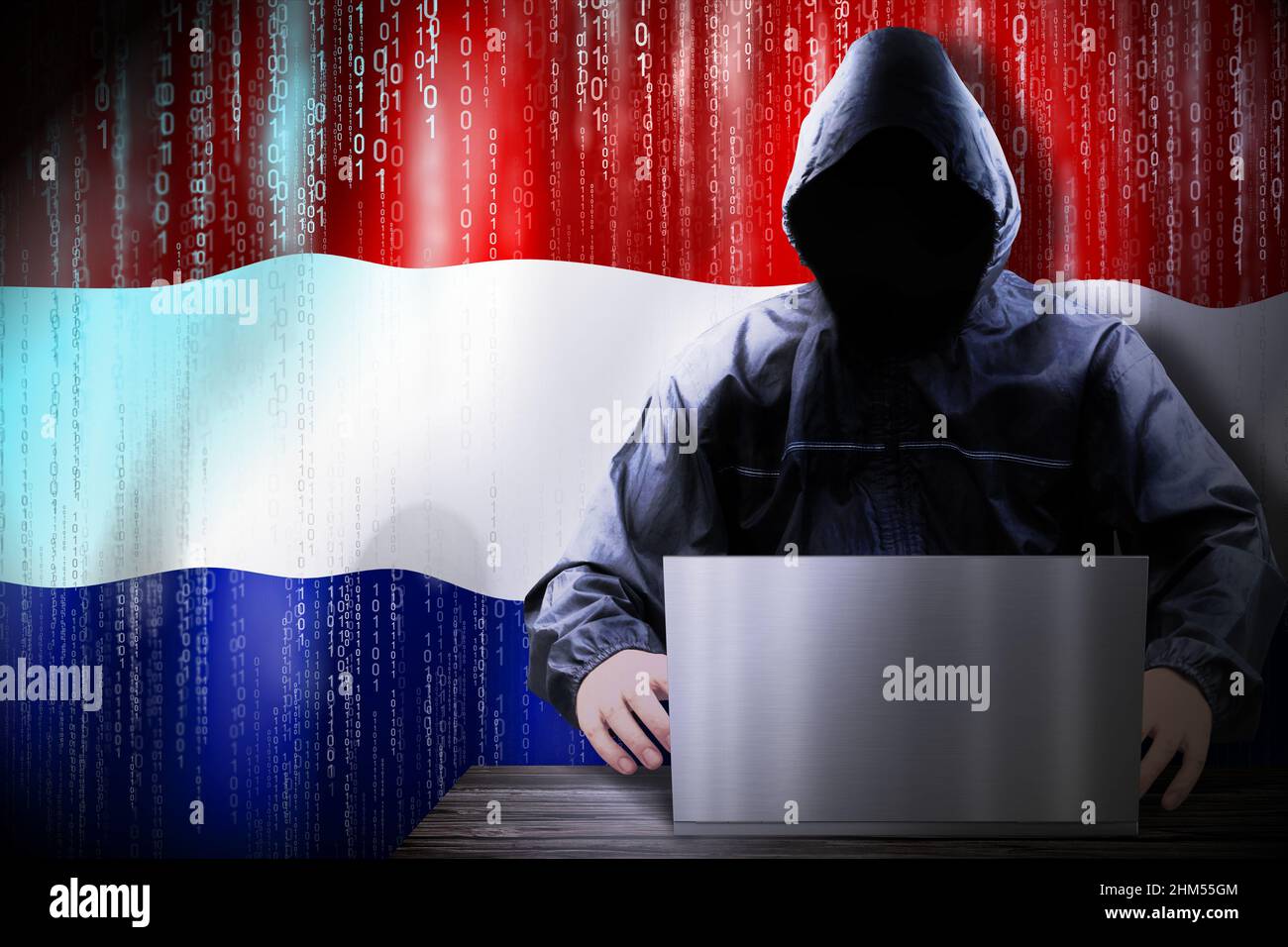 Anonymous hooded hacker, flag of Netherlands, binary code - cyber attack concept Stock Photo - Alamy