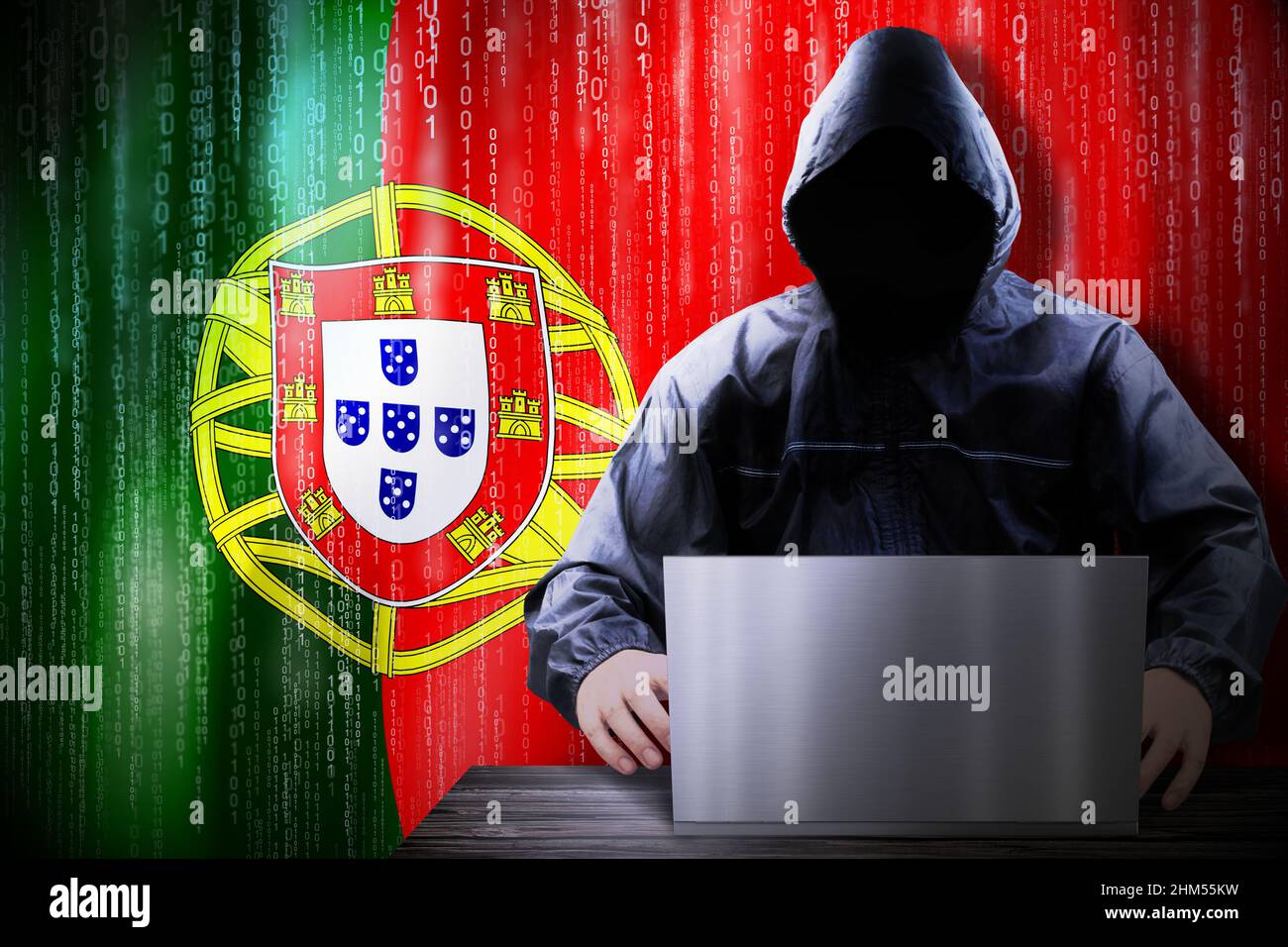 Anonymous hooded hacker, flag of Portugal, binary code - cyber attack concept Stock Photo - Alamy